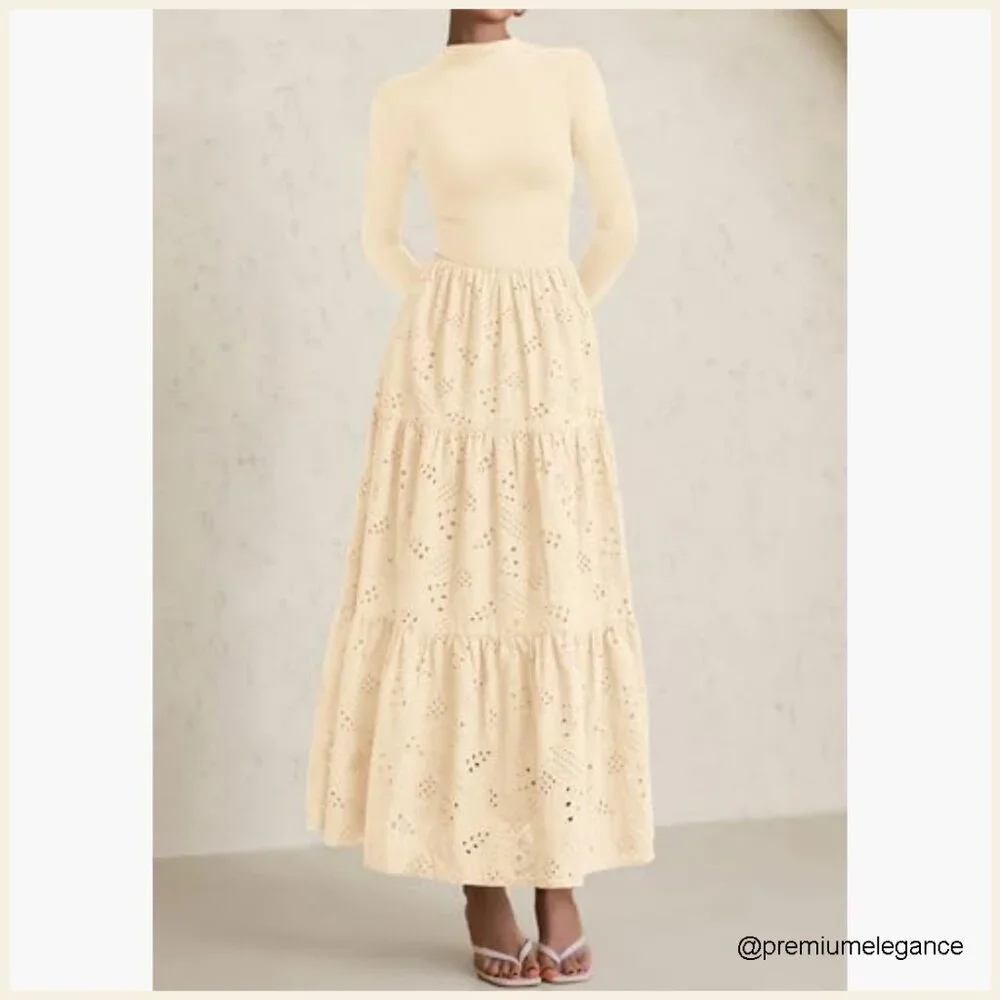 Dresses | Long Sleeve Maxi Dress Mock Neck Eyelet Embroidery Aline Boho ...
